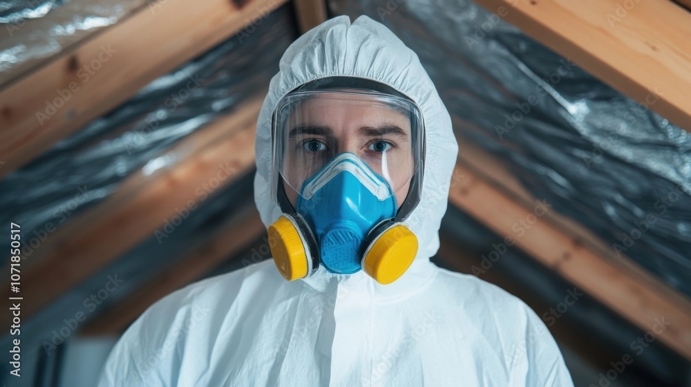 A worker wearing a full protective hazmat suit respirator mask and ...