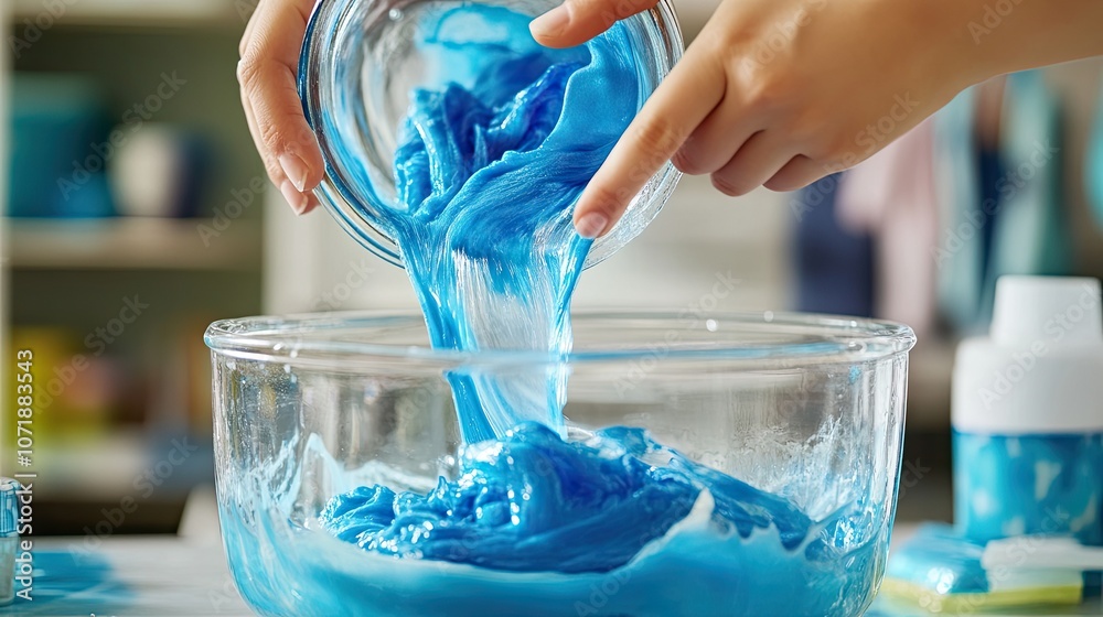 Mixing Vivid Blue DIY Slime in a Clear Bowl with Hands Pouring ...