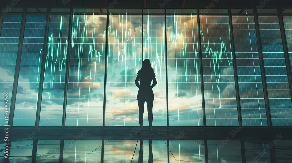 Businesswoman standing in front of a giant chart displaying upward ...