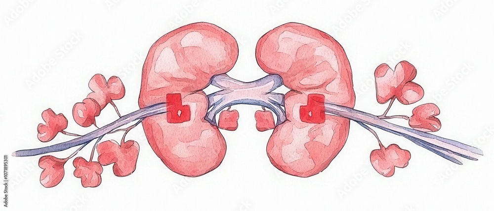 Anatomical illustration of kidneys connected by renal arteries and ...