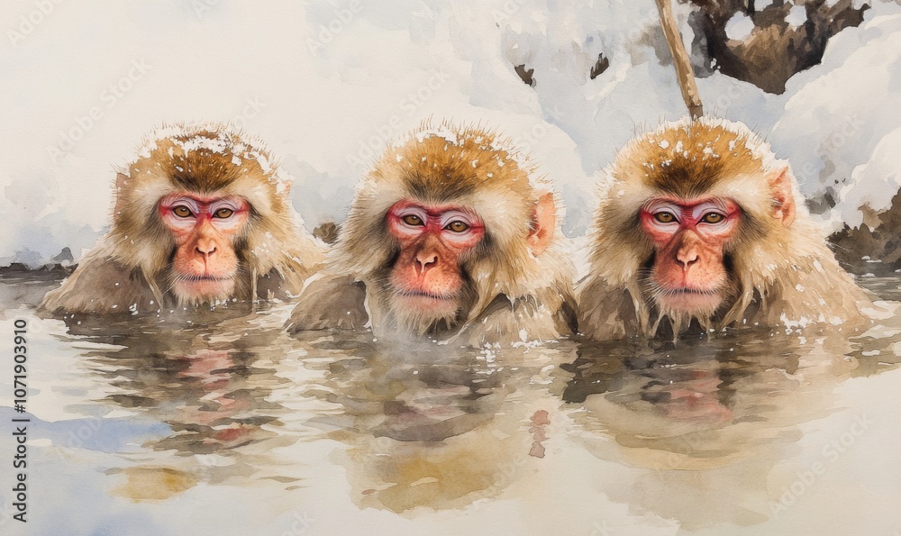 Watercolor Relaxing Snow Monkeys bathe in Hot Springs, Jigokudani ...