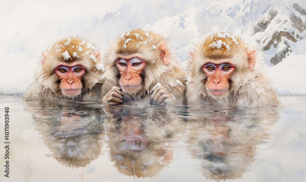 Watercolor Relaxing Snow Monkeys bathe in Hot Springs, Jigokudani ...