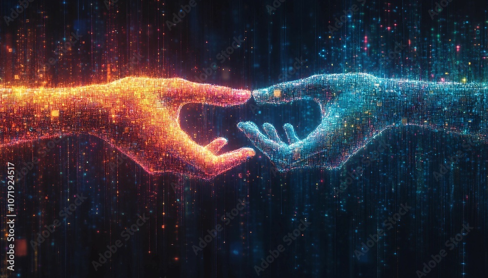 Hands of Compliance Bridging the Divide, two virtual hands reaching out across a digital divide ...