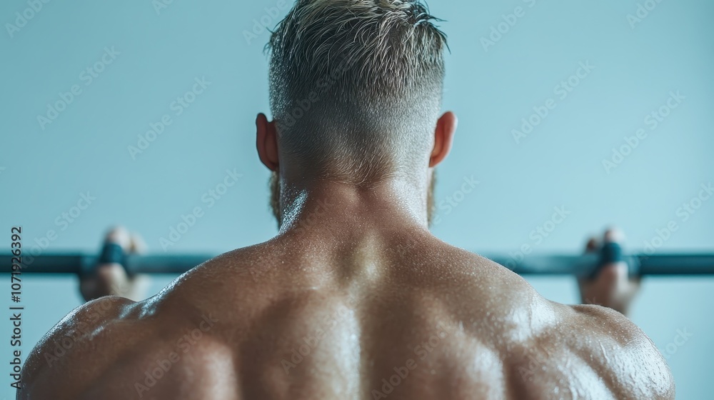 In a display of pure strength, an athlete's well-defined back muscles ...