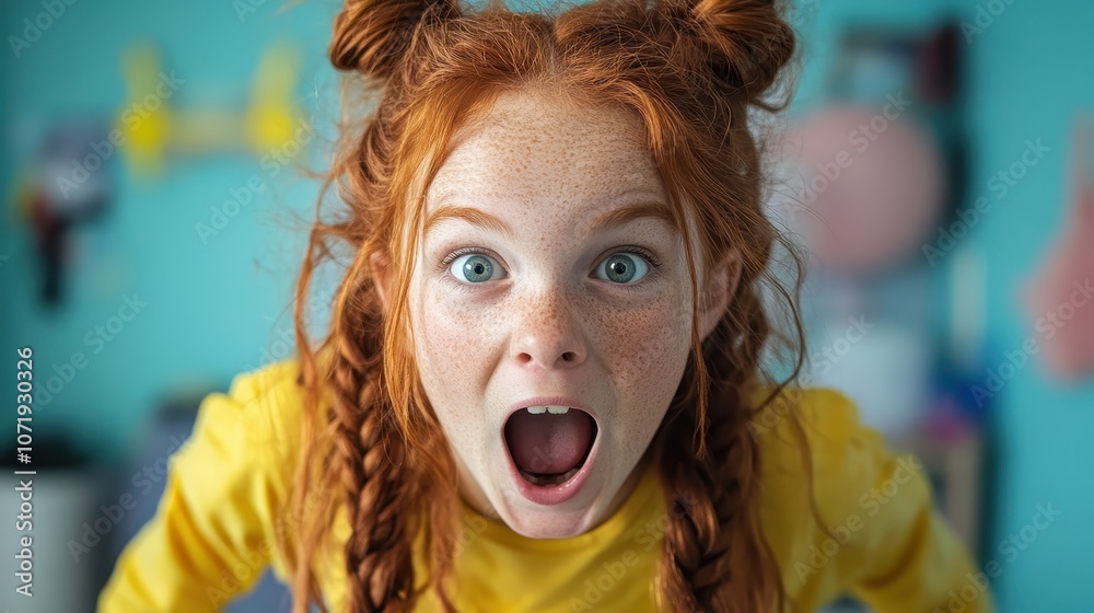 Young girl with red hair styled in two buns looks wide-eyed and ...
