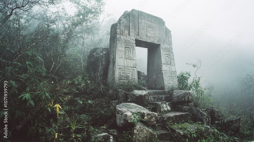 An ancient stone gate, shrouded in mist, emerges from lush greenery ...