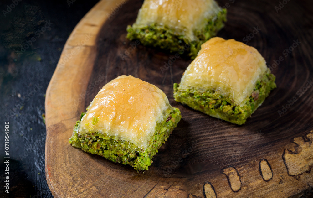 Traditional Turkish baklava with layers of thin, flaky pastry, filled ...
