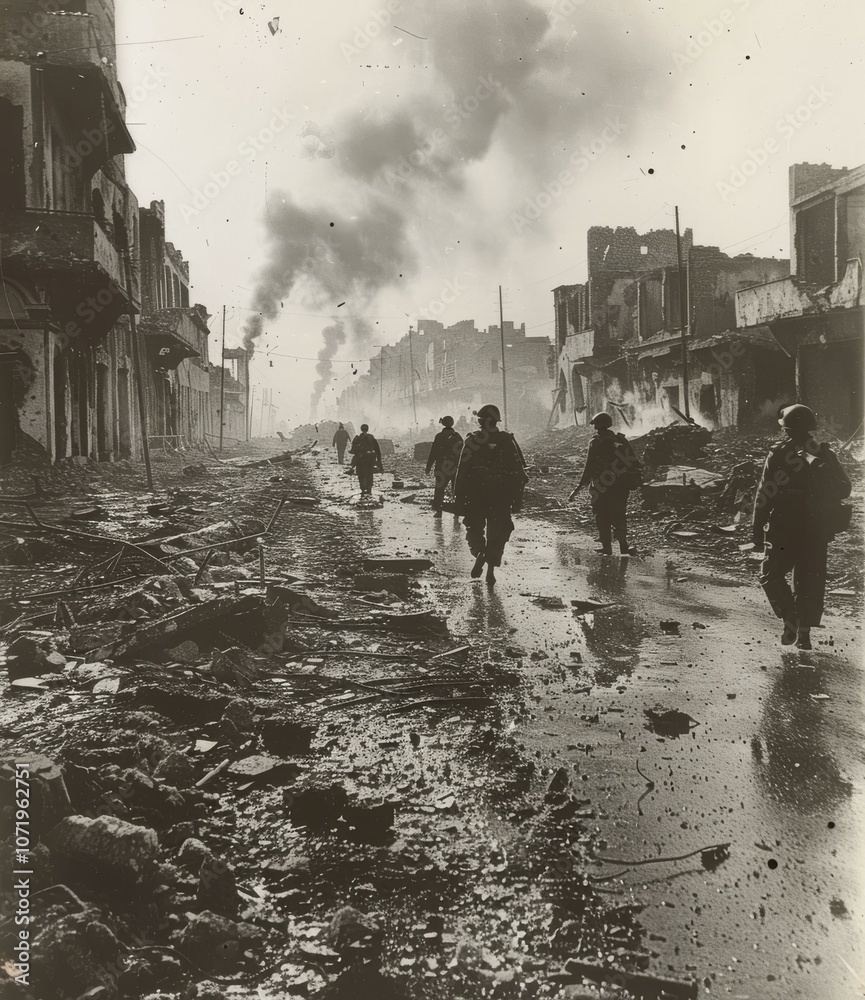American soldiers walking through the destroyed city of Aachen, Germany ...