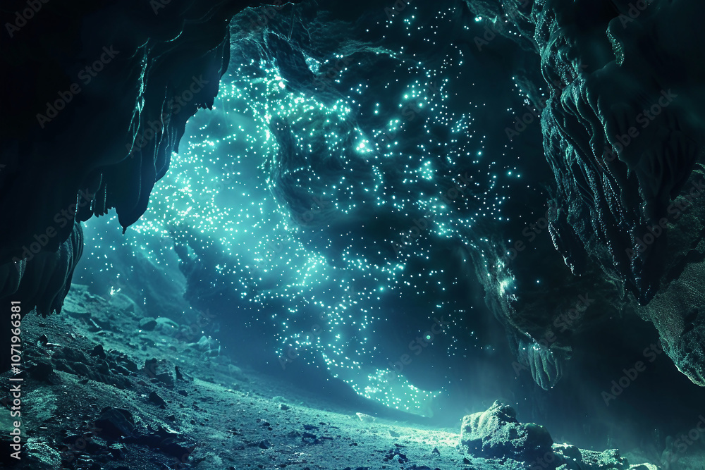 Stock-Foto „Fantasy-Themed Underwater Cave with Bioluminescent Glow ...