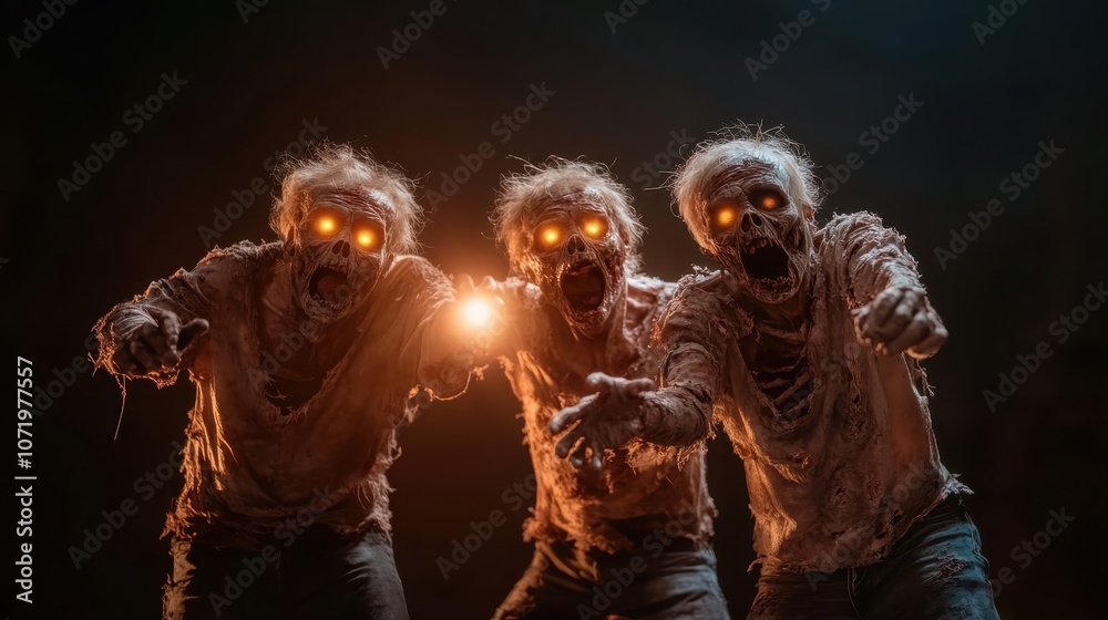 Three terrifying zombies with glowing eyes are reaching out menacingly ...