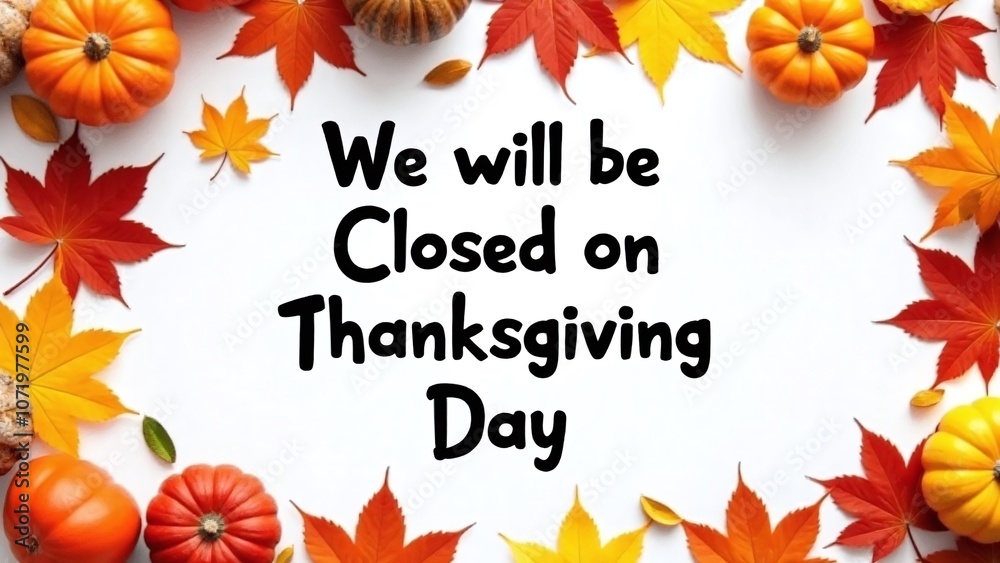Vibrant autumn-themed scene with fall leaves and closed on Thanksgiving ...