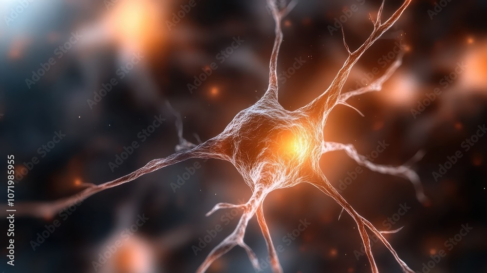 A glowing neuron is pictured with its intricate network against a dark ...