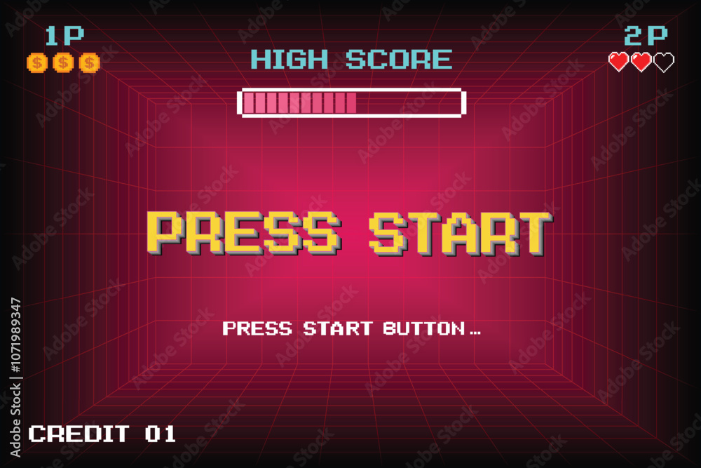 PRESS START. press start button. pixel art .8 bit game. retro game. for ...
