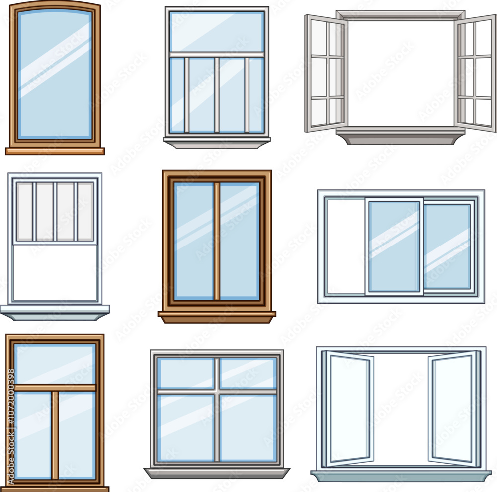 window frame set cartoon. glazing mullion, transom casement, jamb ...