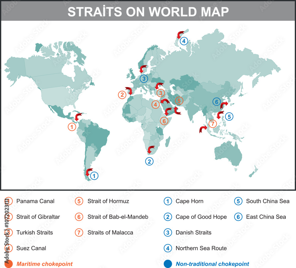 World map, labeled oceans, seas, isthmus and strait Stock Vector ...