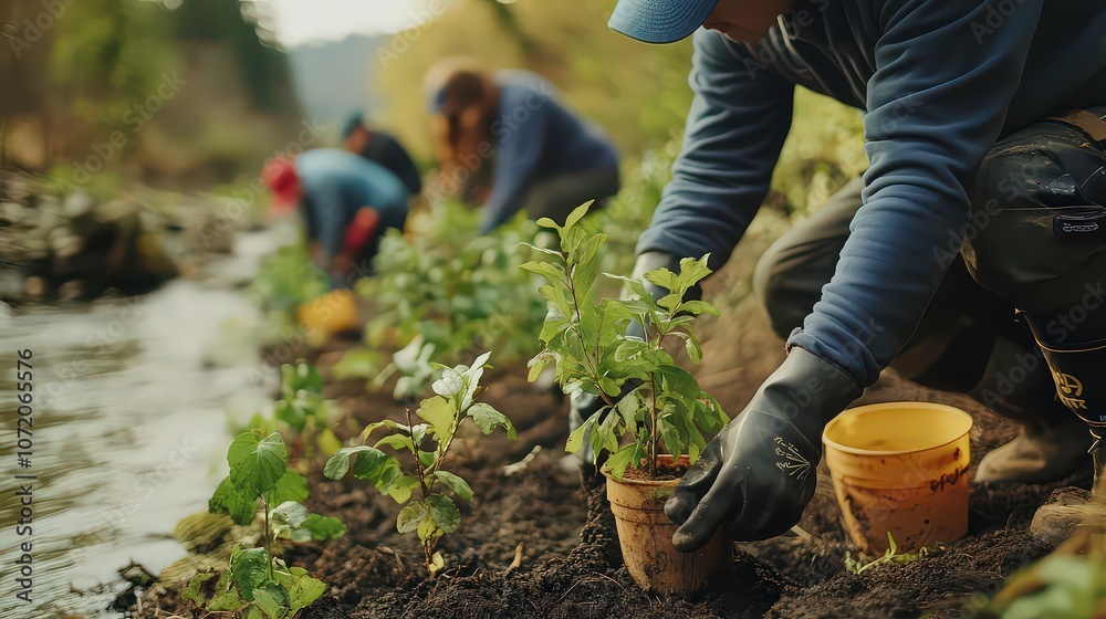 Ecological restoration site where volunteers plant native trees and ...