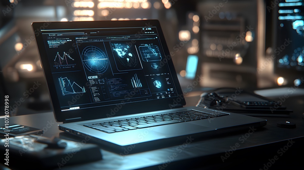 A 3D command laptop on a desk with 2D icons for satellite images and ...