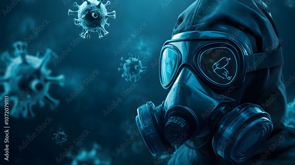 A 3D gas mask with floating 2D icons for air quality and contamination ...