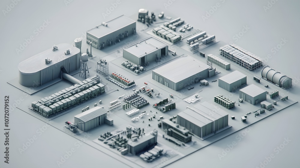 A 3D model of a military base with floating 2D icons for barracks ...