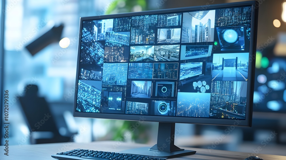 A 3D surveillance monitor with 2D video feed and detection icons ...