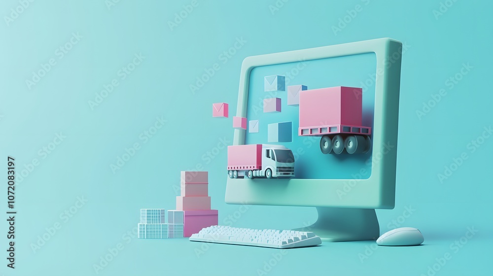 A 3D-rendered computer monitor with supply chain icons like truck ...