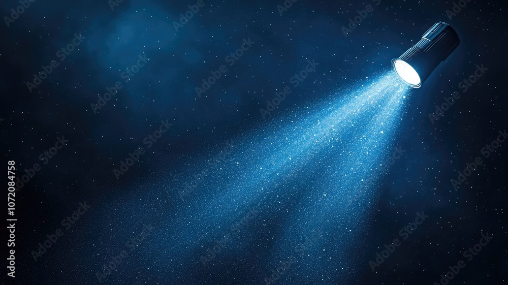Flashlight beam illuminates dust particles in dark, starry-like ...