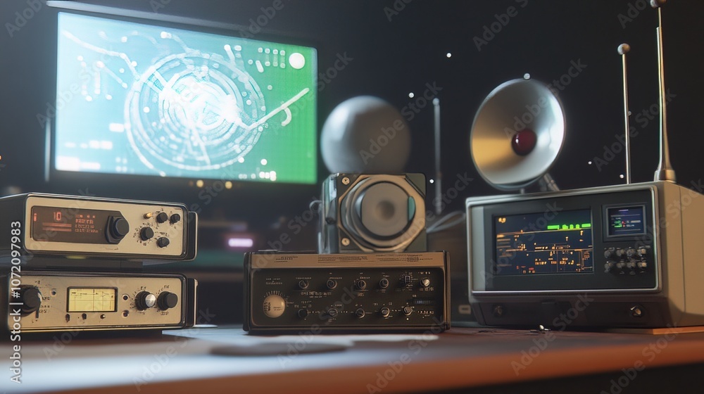 Vintage space communication equipment in a dimly lit room, symbolizing ...