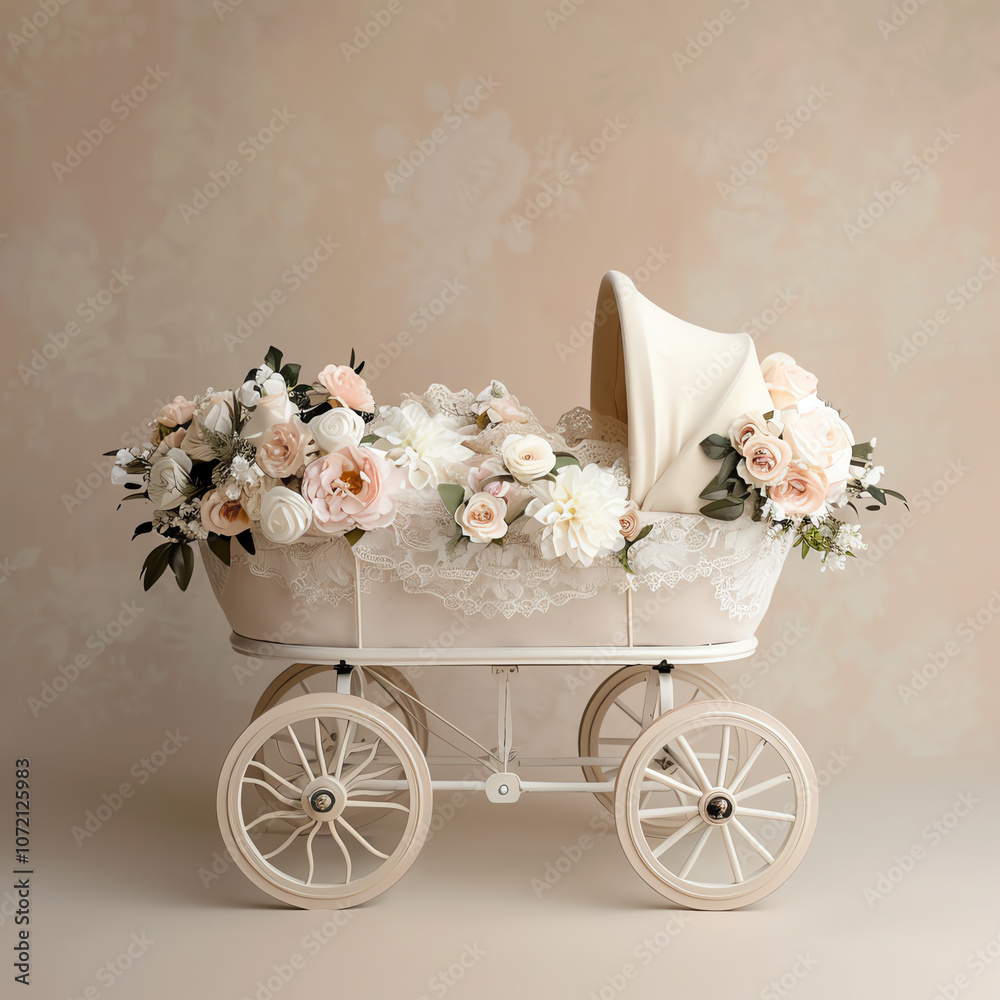 Vintage baby carriage with flowers and lace |digital backdrop, neutral ...
