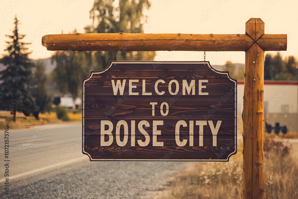 Beautiful wooden "Welcome to Boise City" sign, perfect for US city ...