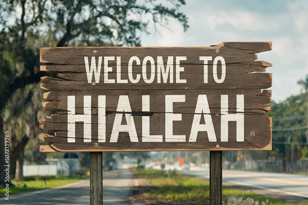 Stylish wooden "Welcome to Hialeah" sign, ideal for US city entrance ...