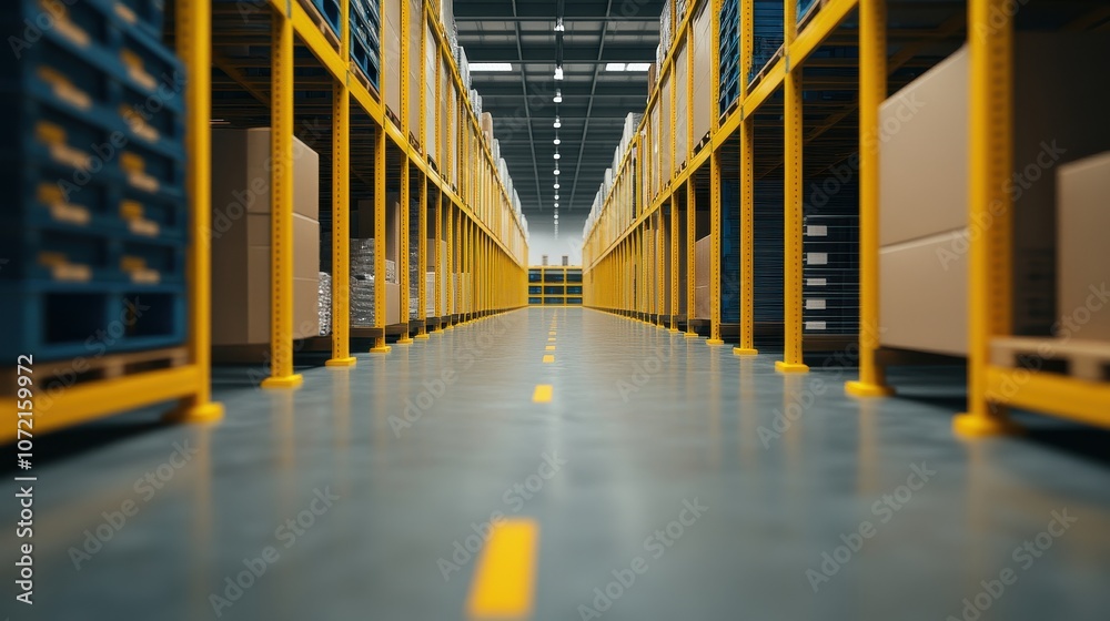 Modern warehouse aisle with organized shelving units and boxes, marked ...