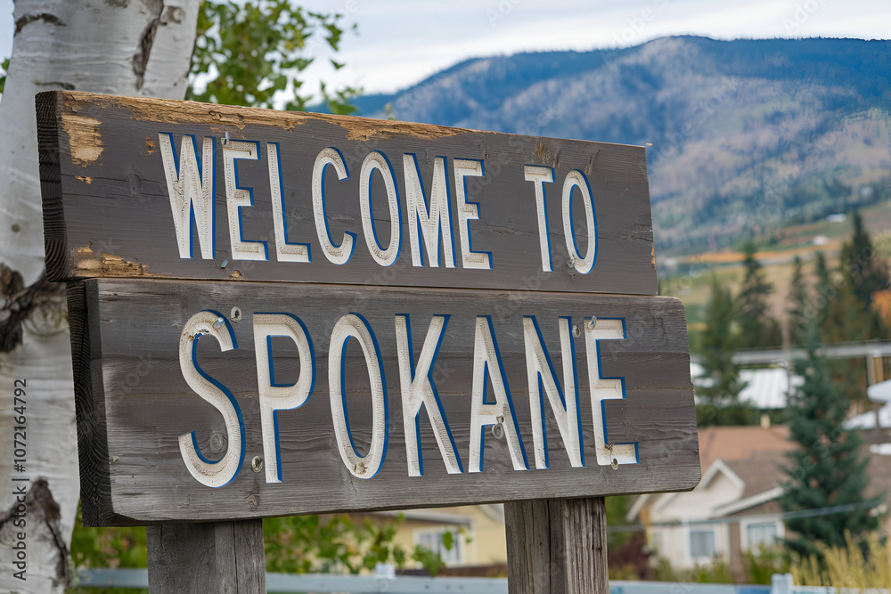 Attractive wooden "Welcome to Spokane" sign, perfect for US city ...