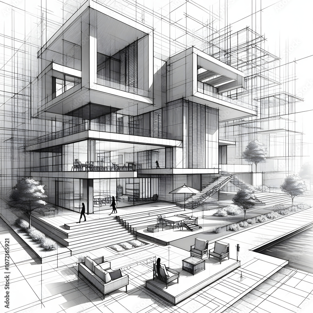 Conceptual freehand sketch drawing, Architectural planning ...