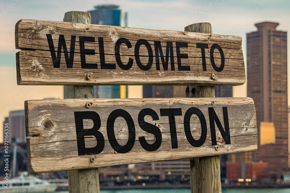 Elegant wooden "Welcome to Boston" sign, ideal for US city entrance ...
