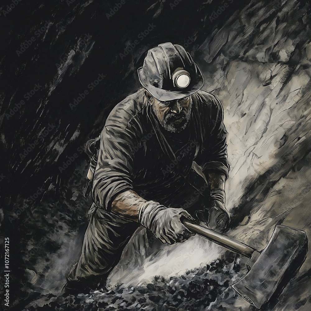 In a confined, shadowy tunnel, a coal miner laboriously uses a pickaxe ...