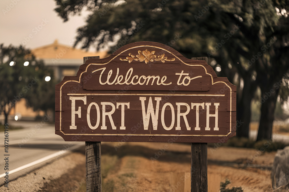 Stylish wooden "Welcome to Fort Worth" sign, ideal for US city entrance ...