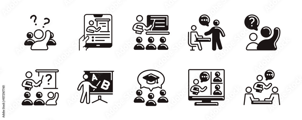 education classroom student learning icon set school lecture conference ...