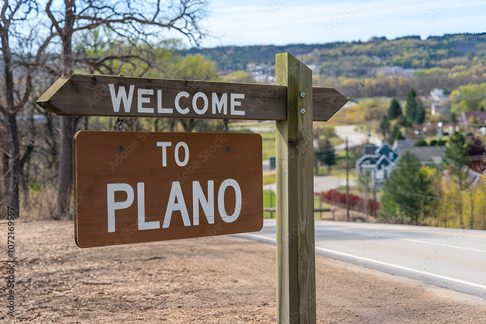 Elegant wooden "Welcome to Plano" sign, ideal for US city entrance road ...