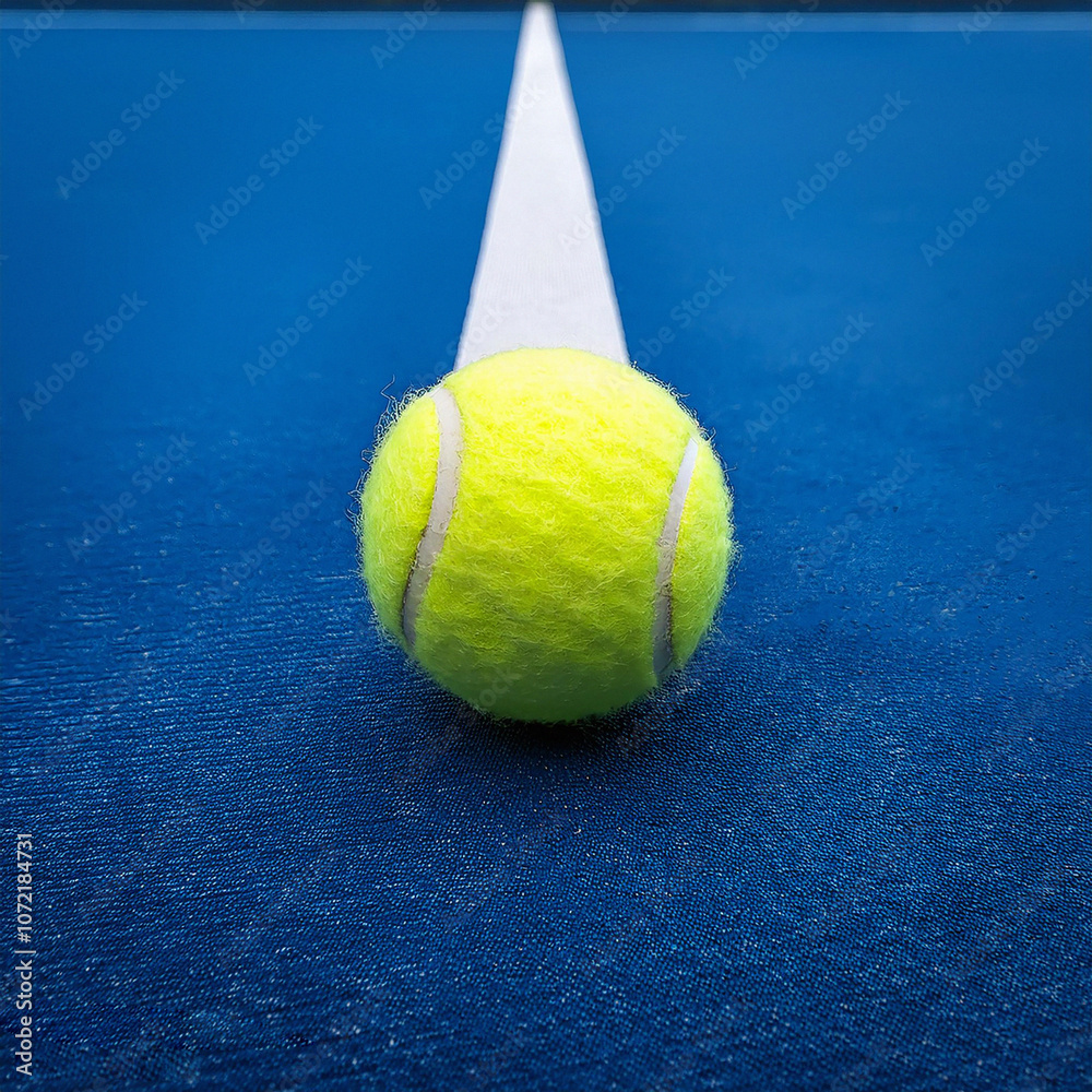 The bright yellow color of the tennis ball contrasts with the red and ...