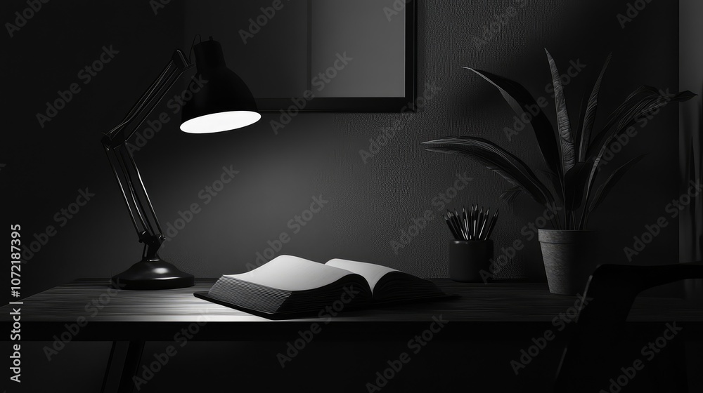 Monochromatic desk setup with a closed book, modern lamp, and minimal ...