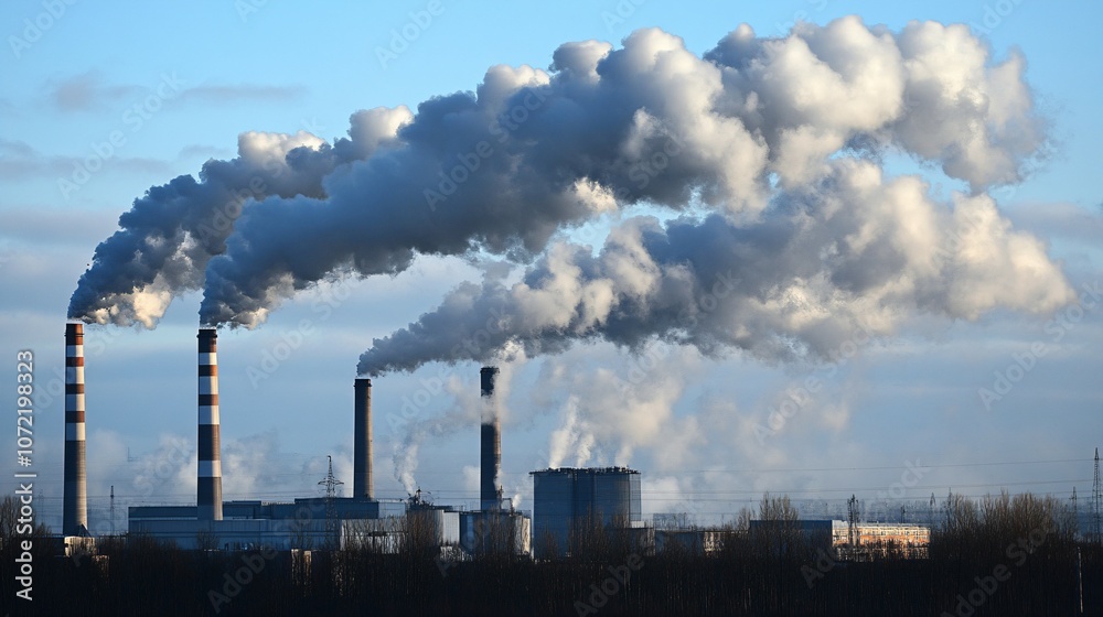 Chimney emitting smoke and dust into the blue sky, pollution ...