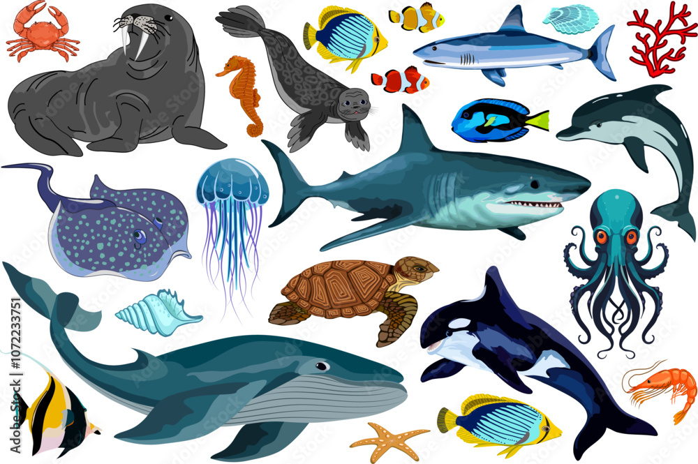 Large Set Of Sea Animals Vector Color Set Of Sea Animals On A