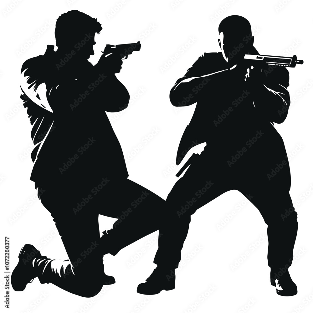 A vector silhouette of a man kneeling and aiming a gun, facing another ...