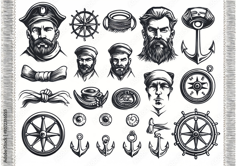 Stylized linocut set of ship captains and marine symbols like anchors ...