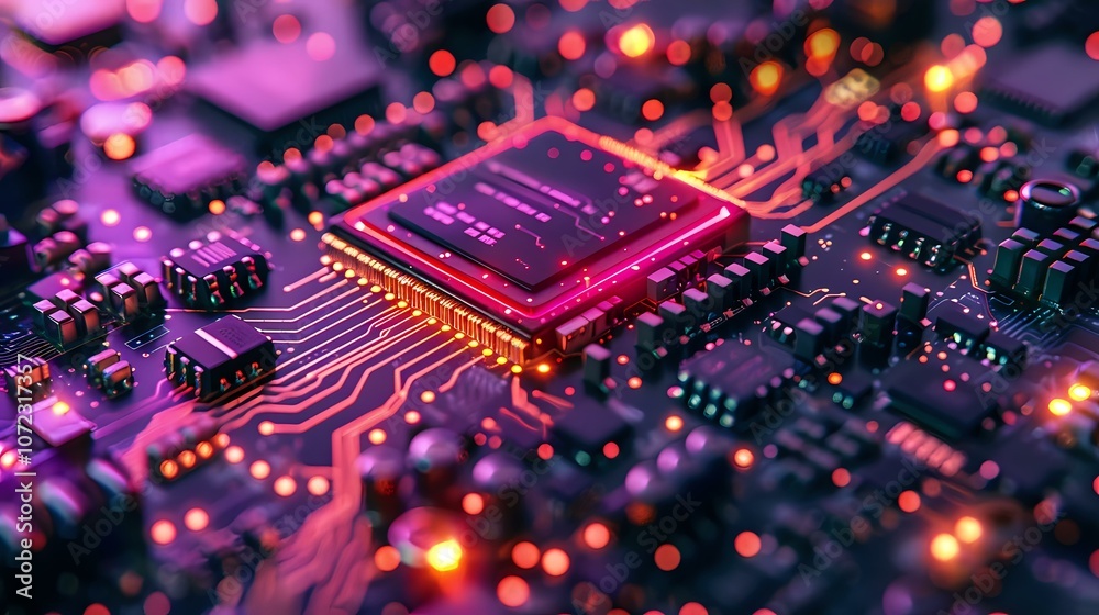 Futuristic computer processor chip glowing with pink and purple neon ...