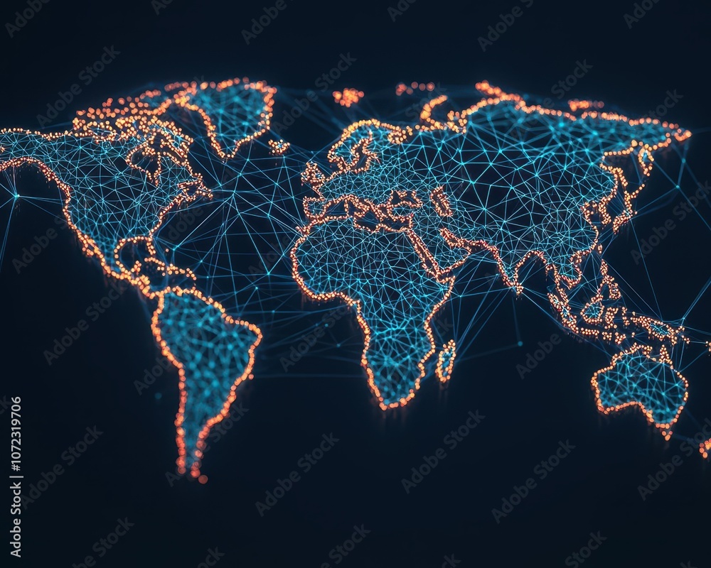 Digital map of the world, connected by blue network lines, global data visualization, 3D ...