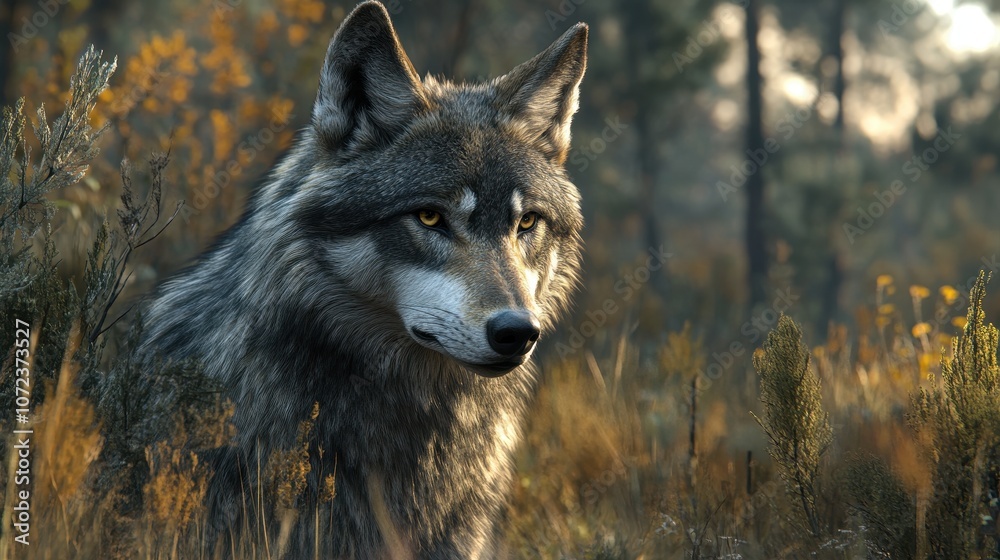 Furry dangerous iberian wolf in nature background. AI generated image ...