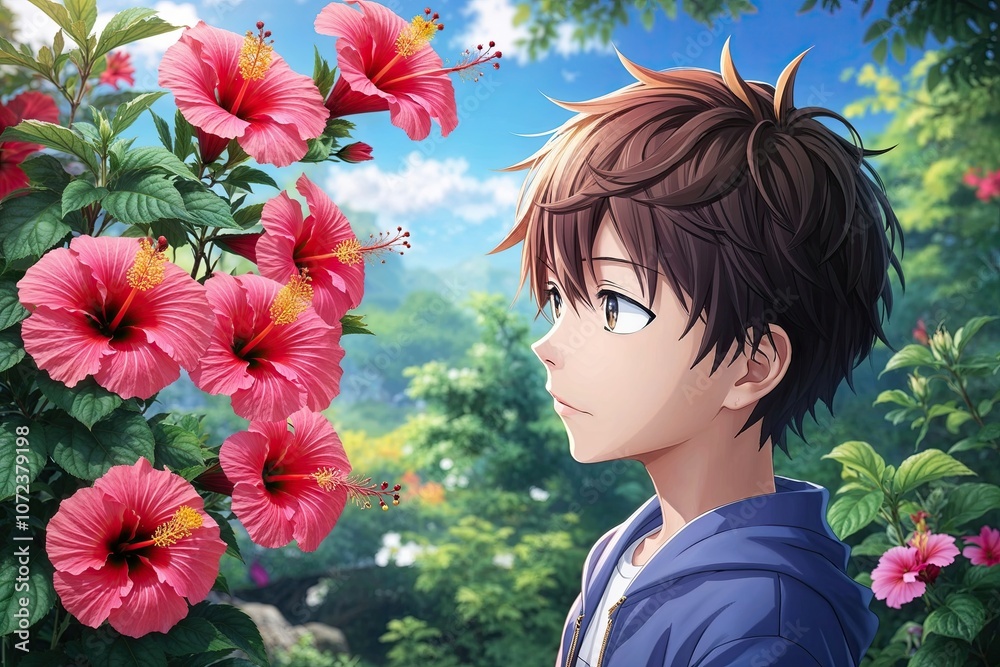 Magical Anime Boy Staring at Hibiscus Flowers in Lush Nature Setting ...