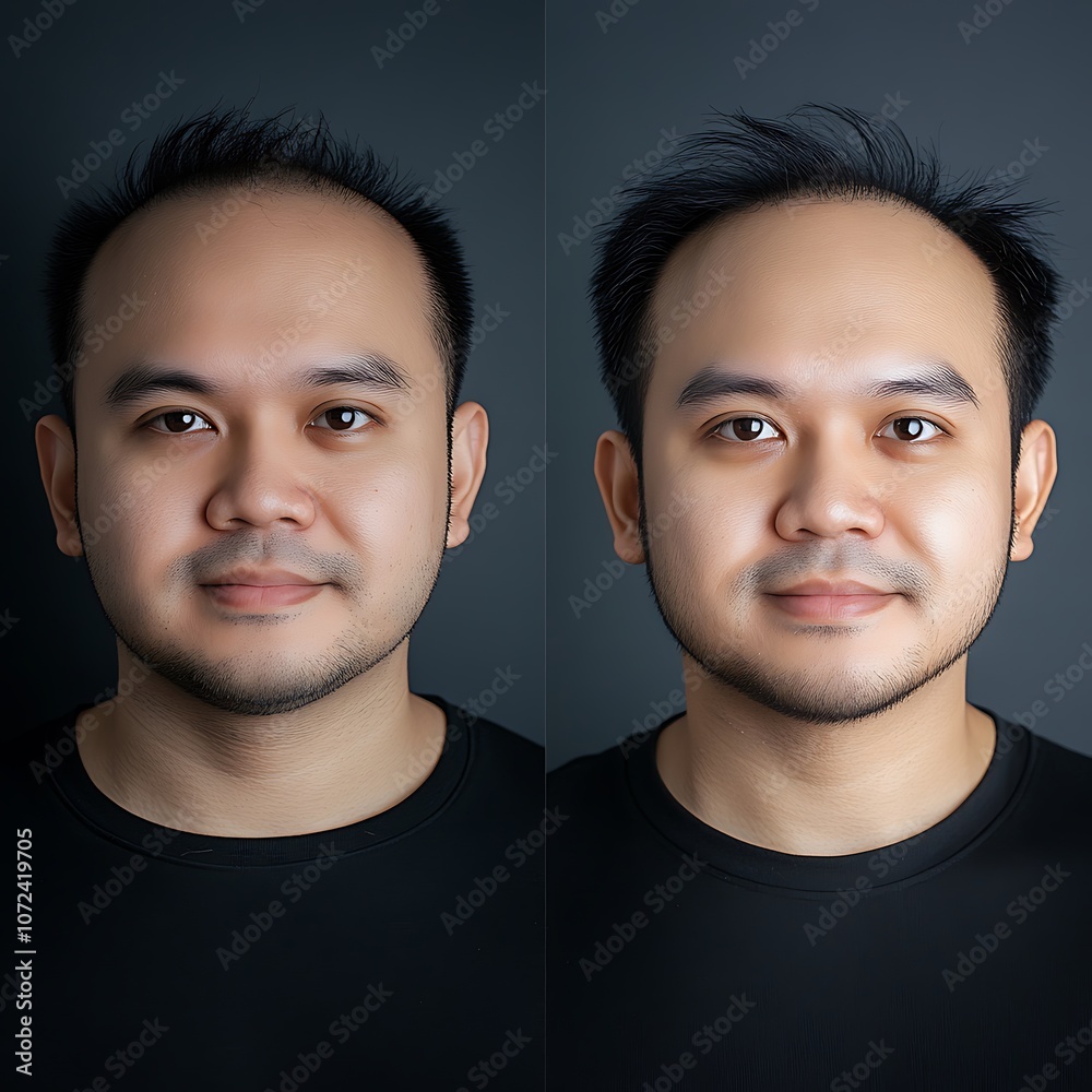 Asian man showing hair growth treatment progressing over time Stock ...