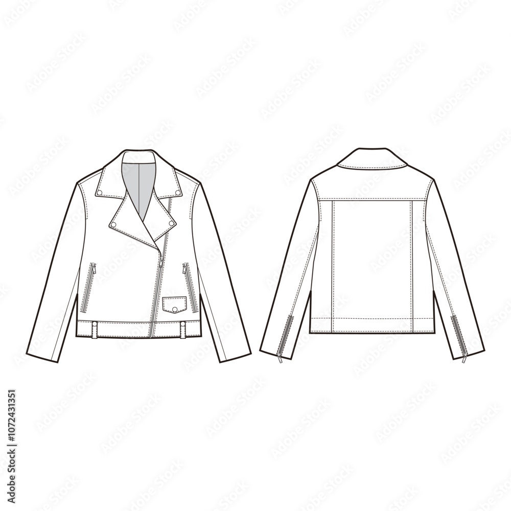 Leather Jacket Flat Sketch - Front and Back View Stock Vector | Adobe Stock